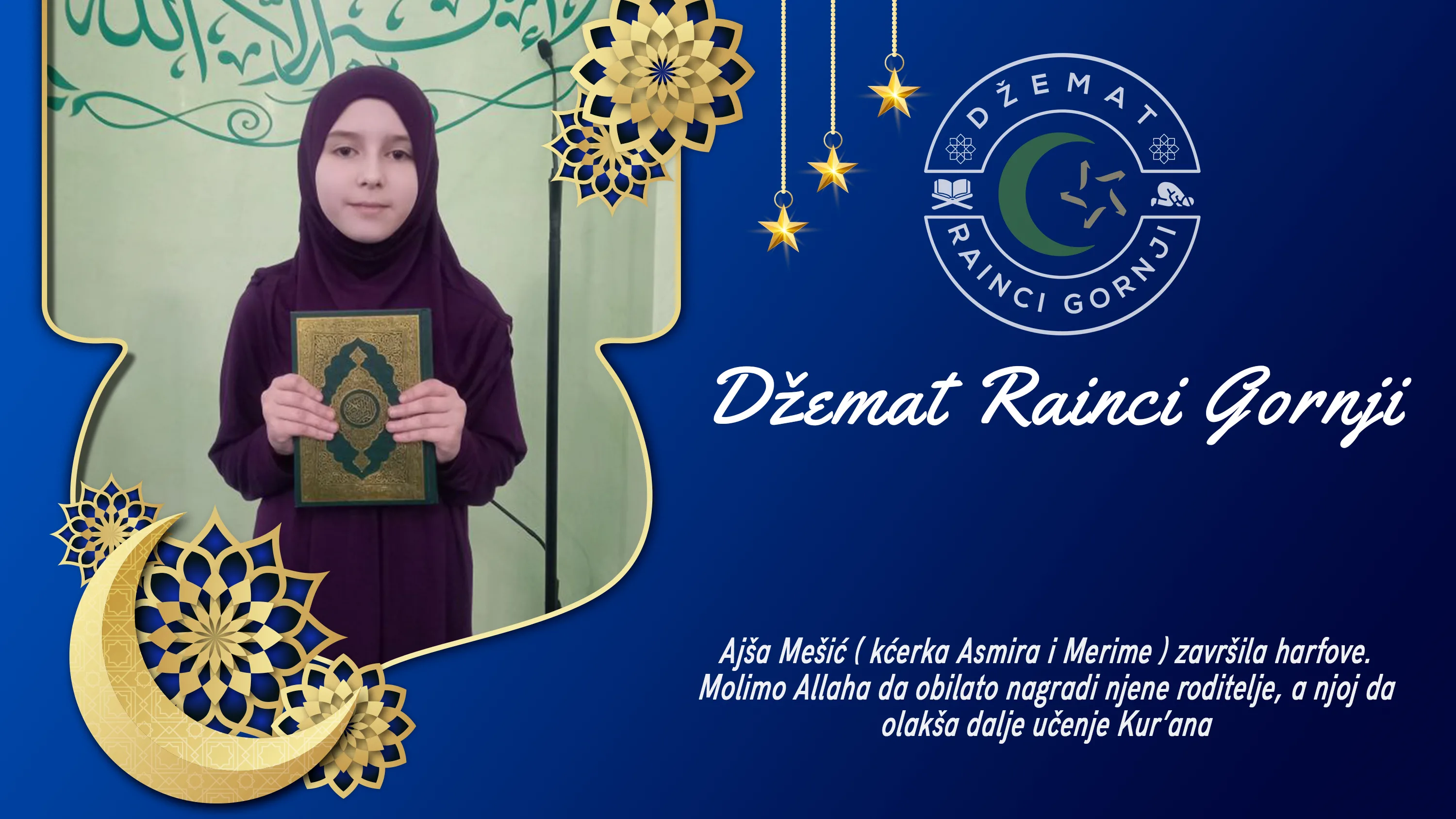 Ajša Mešić(kćerka Asmira i Merime)završila harfove. Molimo Allaha da obilato nagradi njene ...